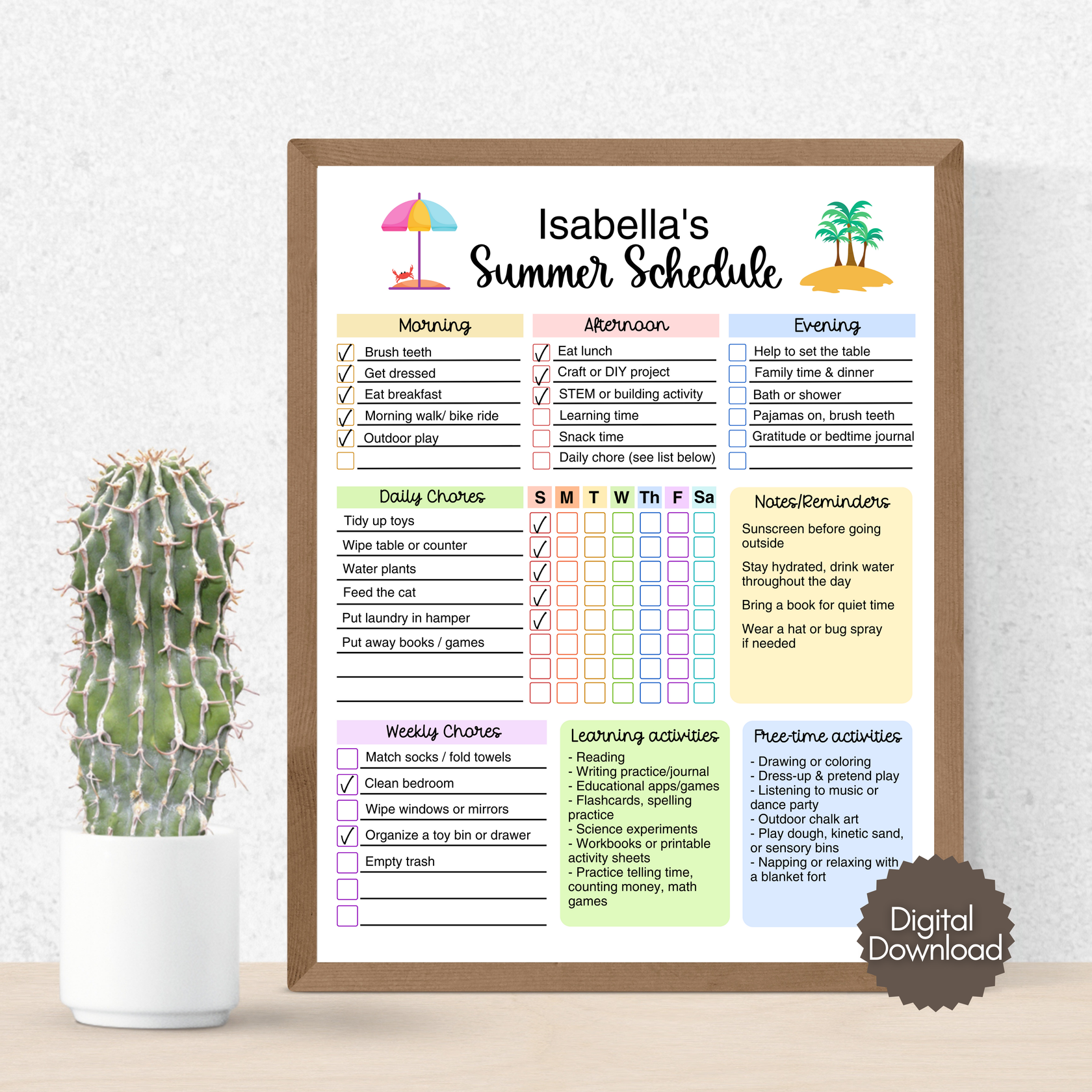 Summer Schedule Routine Chart for Kids Printable Editable Planner ...