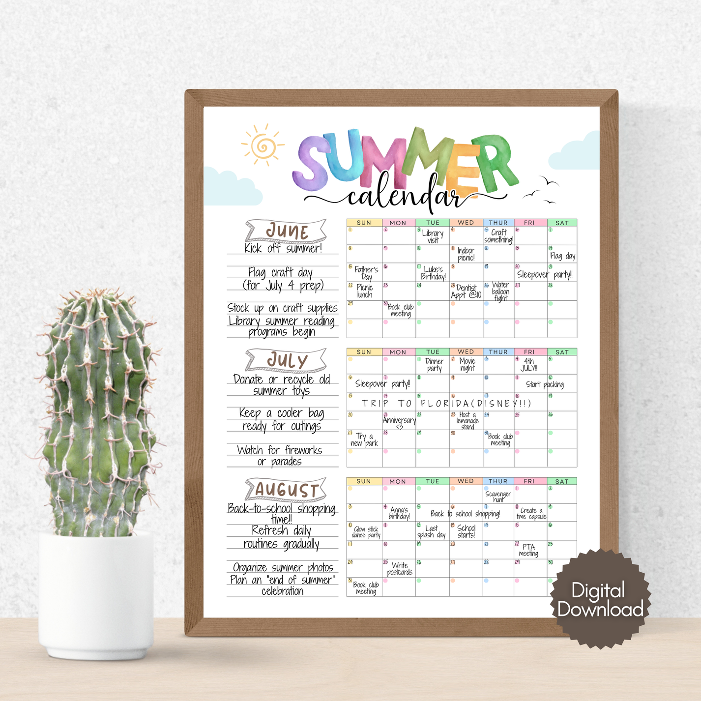 Summer Monthly Calendar Poster Printable, Family Planner Schedule ...