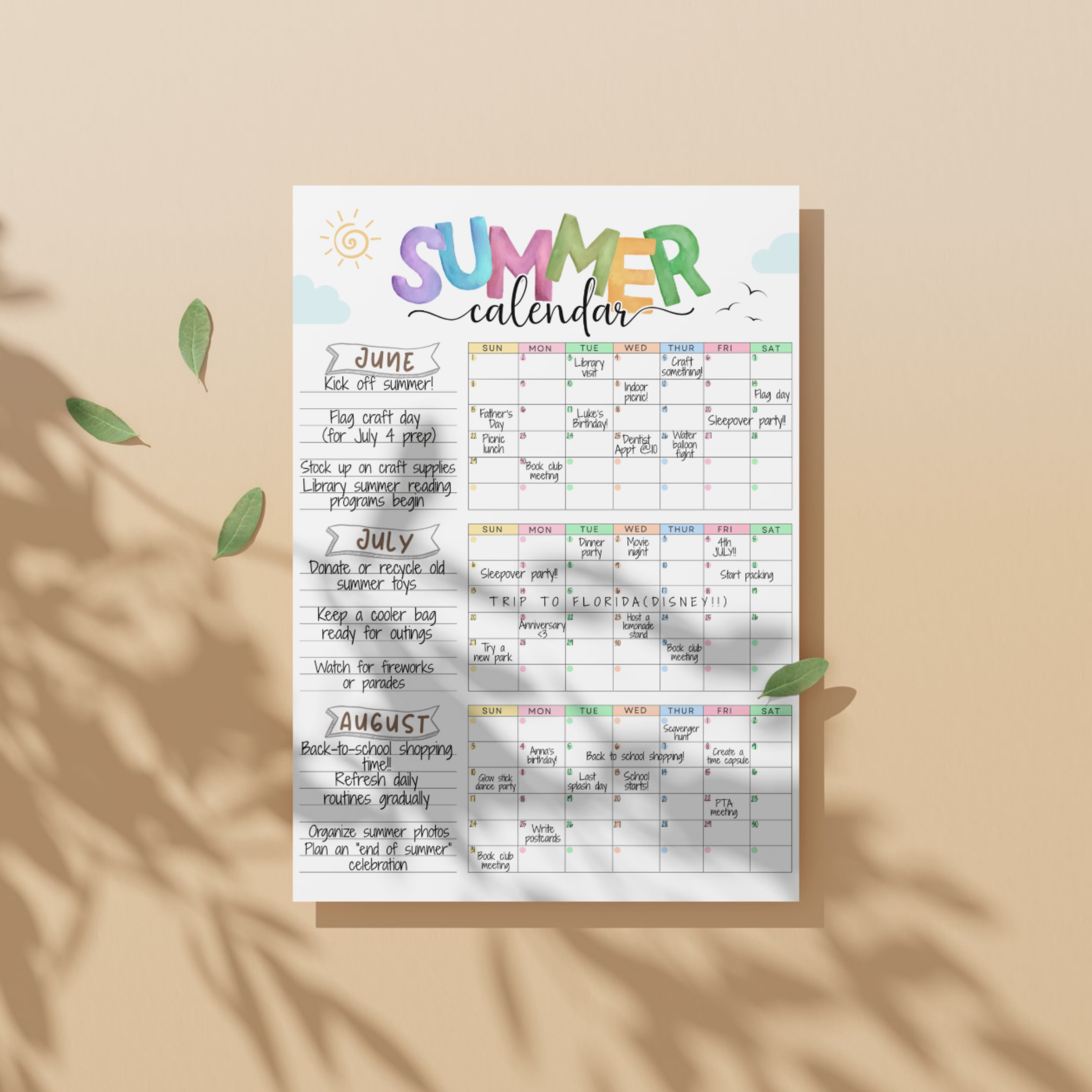 Summer Monthly Calendar Poster Printable, Family Planner Schedule ...