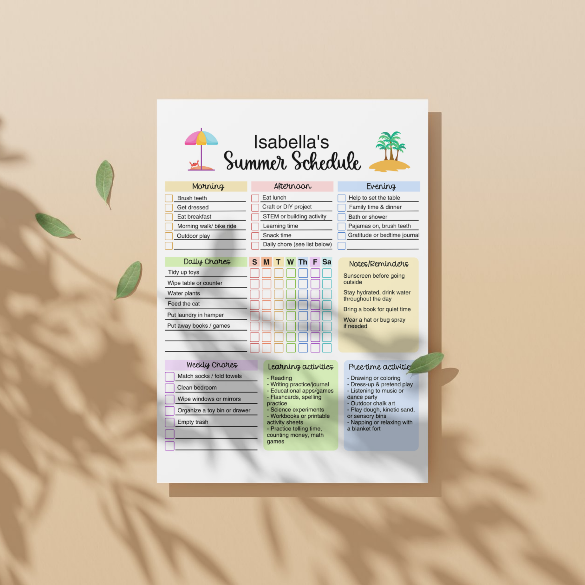 Summer Schedule Routine Chart for Kids Printable Editable Planner ...