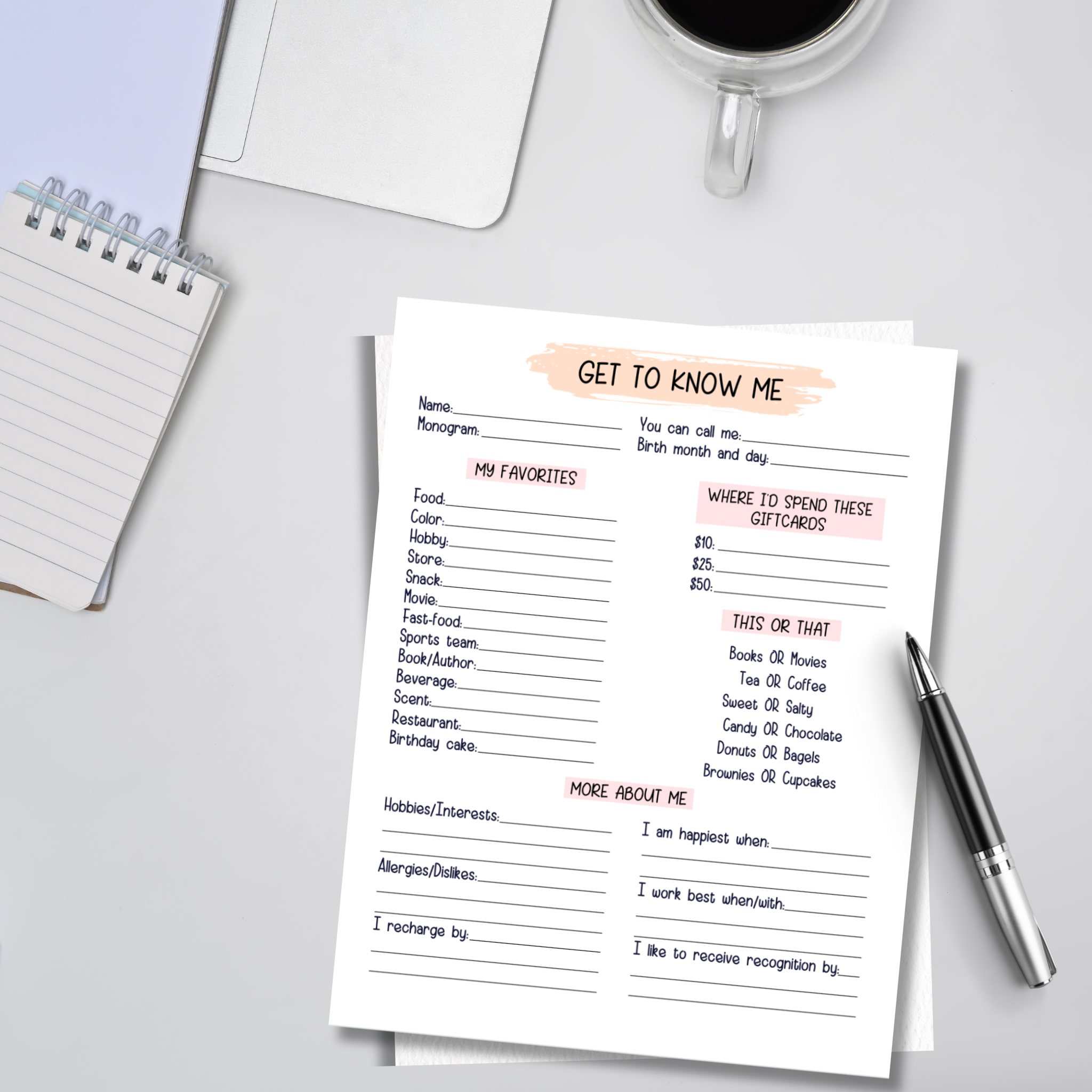 Coworker Questions Printable, All About Me Employee Survey – Scribbled LLC