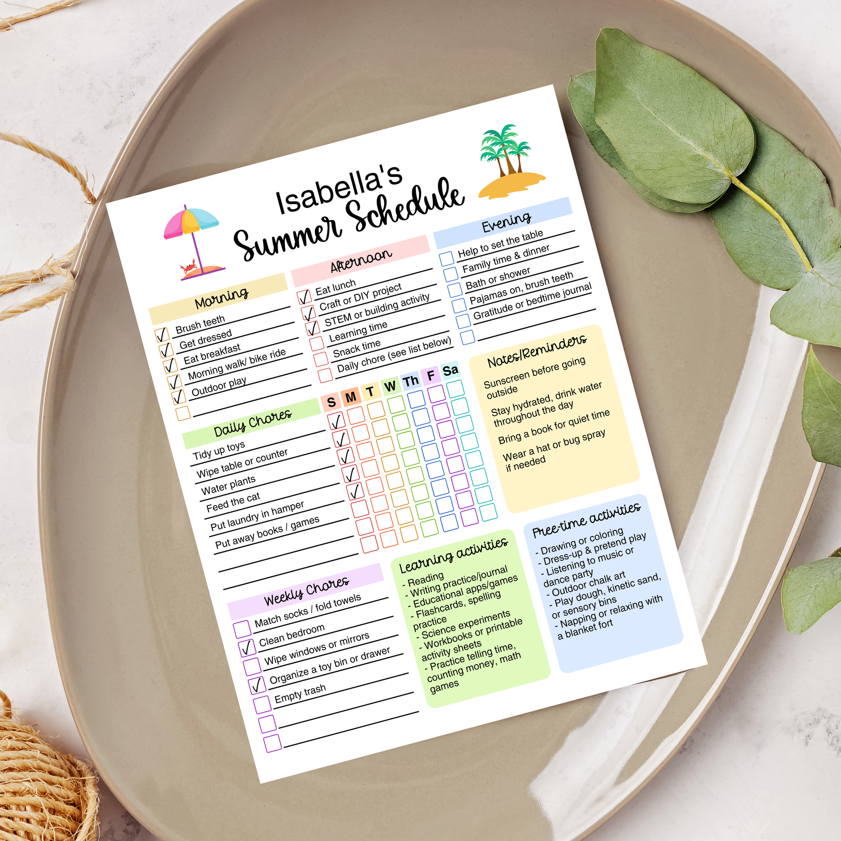 Summer Schedule Routine Chart for Kids Printable Editable Planner ...