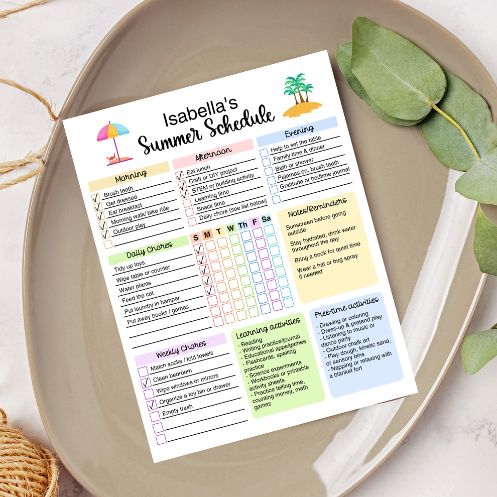 Summer Schedule Routine Chart for Kids Printable Editable Planner ...