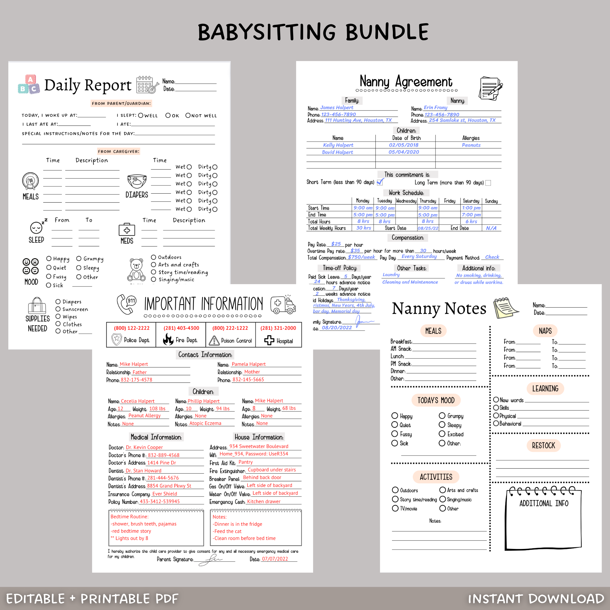 Babysitter Planner Printable Bundle, Nanny Information – Scribbled LLC