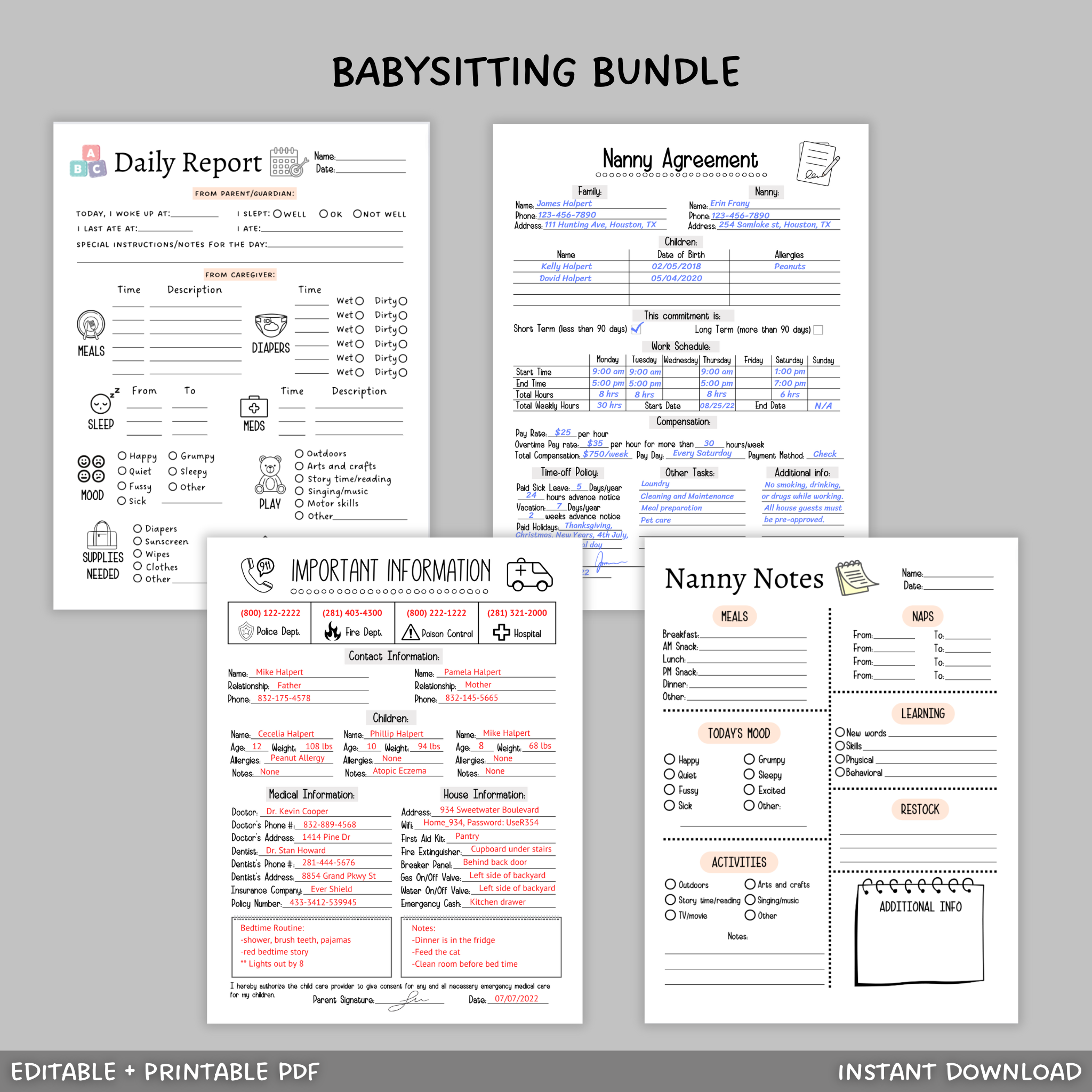 Babysitter Planner Printable Bundle, Nanny Information – Scribbled LLC