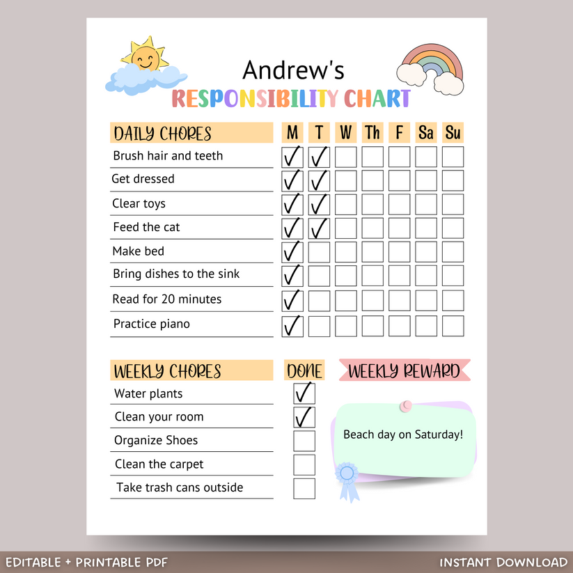 Editable Responsibility Chart For Kids Printable, Chore Chart Daily Ch ...