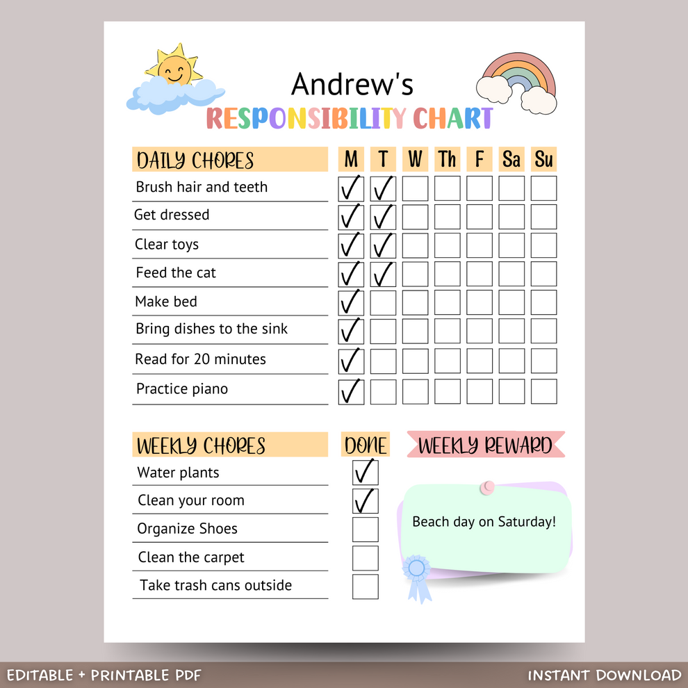 Editable Responsibility Chart For Kids Printable, Chore Chart Daily Ch ...