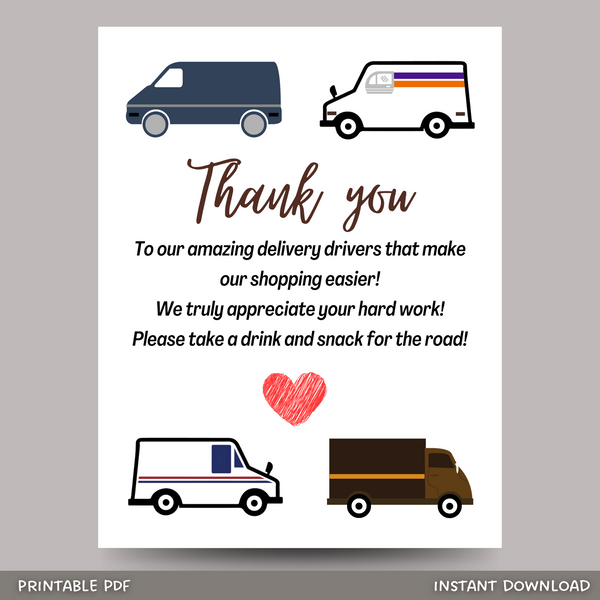 Delivery Driver Appreciation Printable Thank You Snack & Drink Sign ...