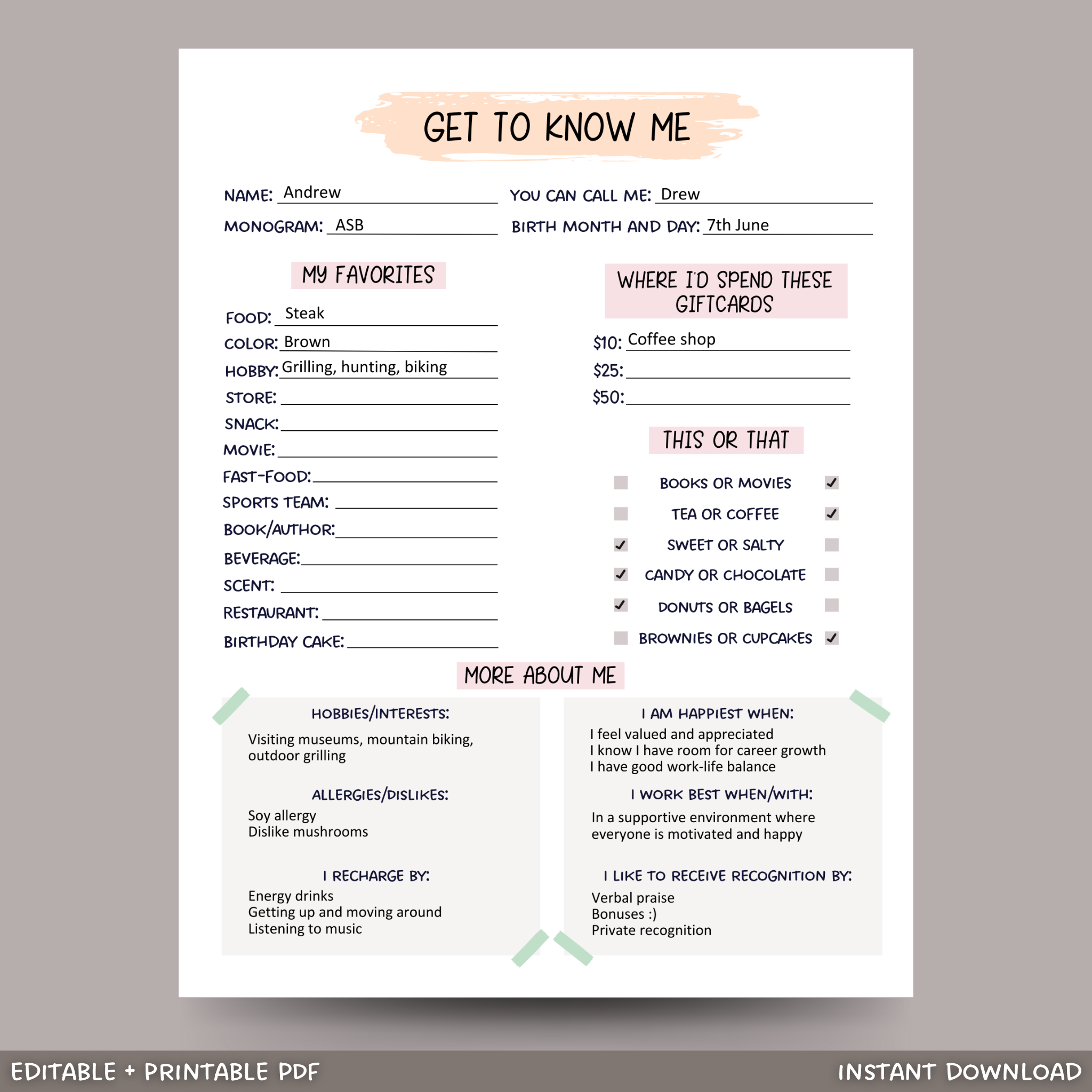 Editable Coworker Questions, Printable All About Me Employee Questionn ...
