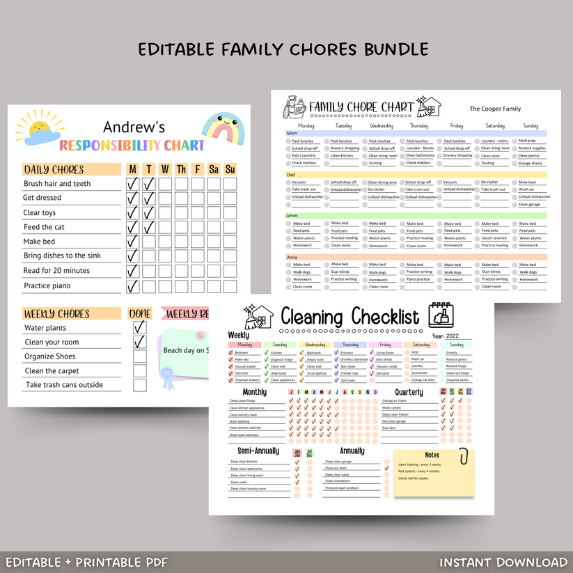Editable Family Chore Chart, Printable Cleaning Schedule, Digital Plan ...