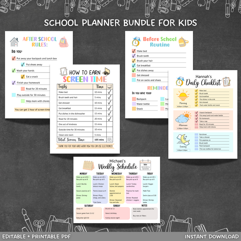 Editable School Planner Kids Printable, Back To School Bundle ...