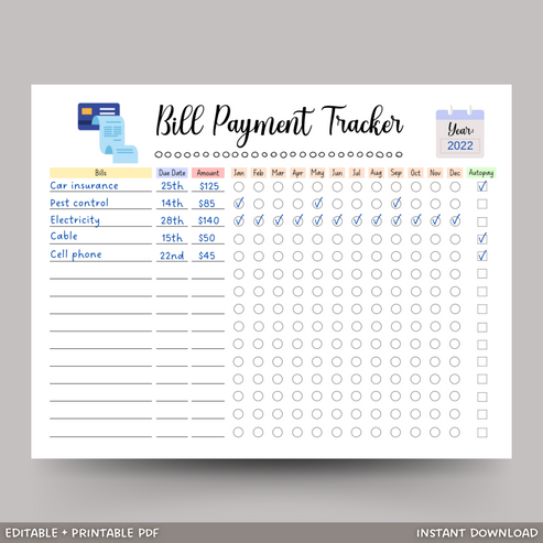 Editable Yearly Bill Tracker, Printable Monthly Bill Planner Payment L ...