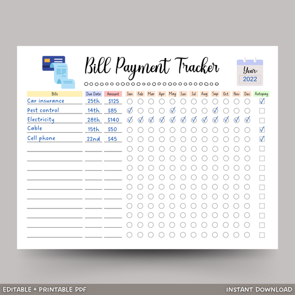 Editable Yearly Bill Tracker, Printable Monthly Bill Planner Payment L ...