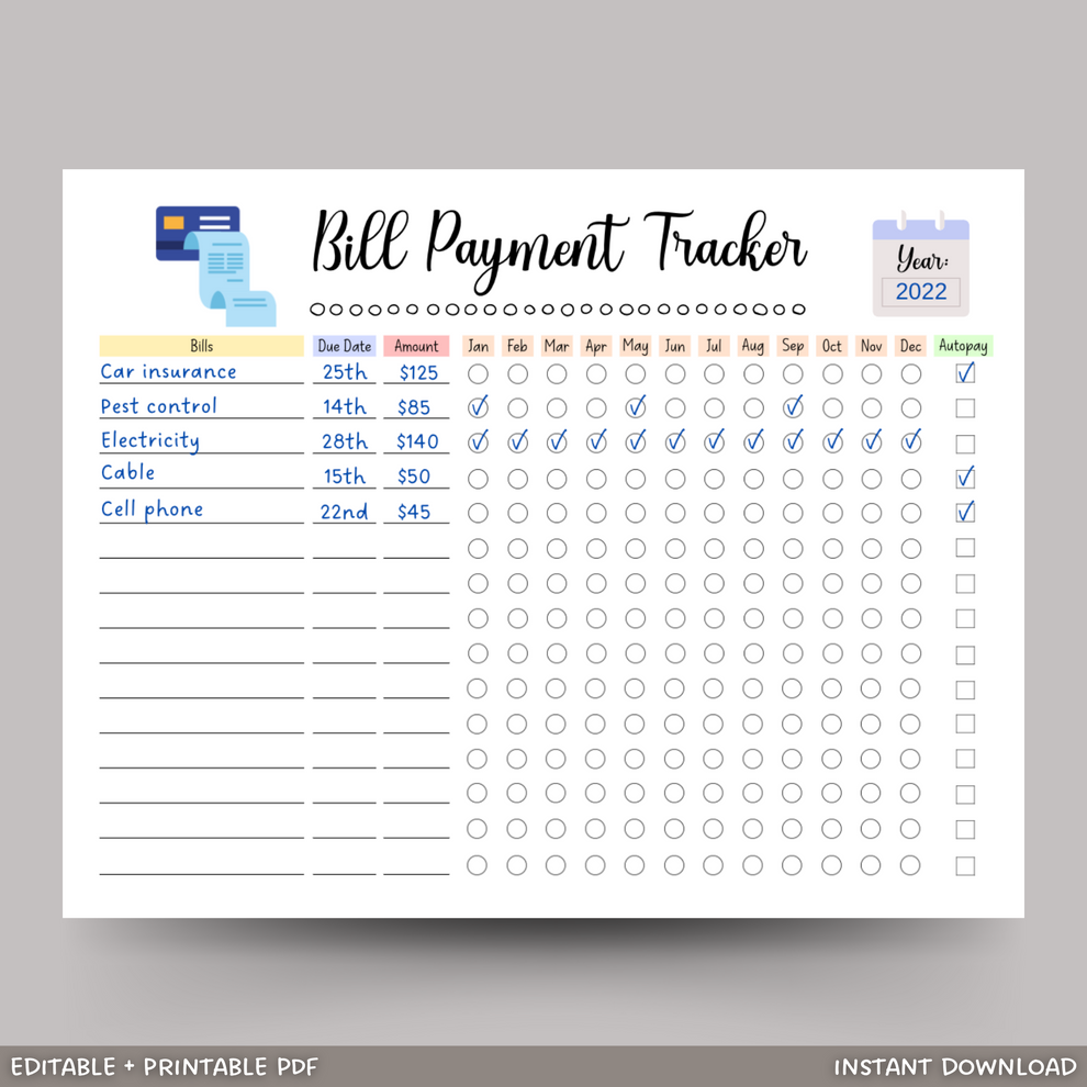 Editable Yearly Bill Tracker, Printable Monthly Bill Planner Payment L ...