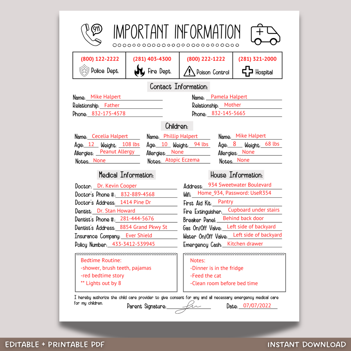 Emergency Contact Information Sheet Editable, Babysitter Info Sheet Pr ...