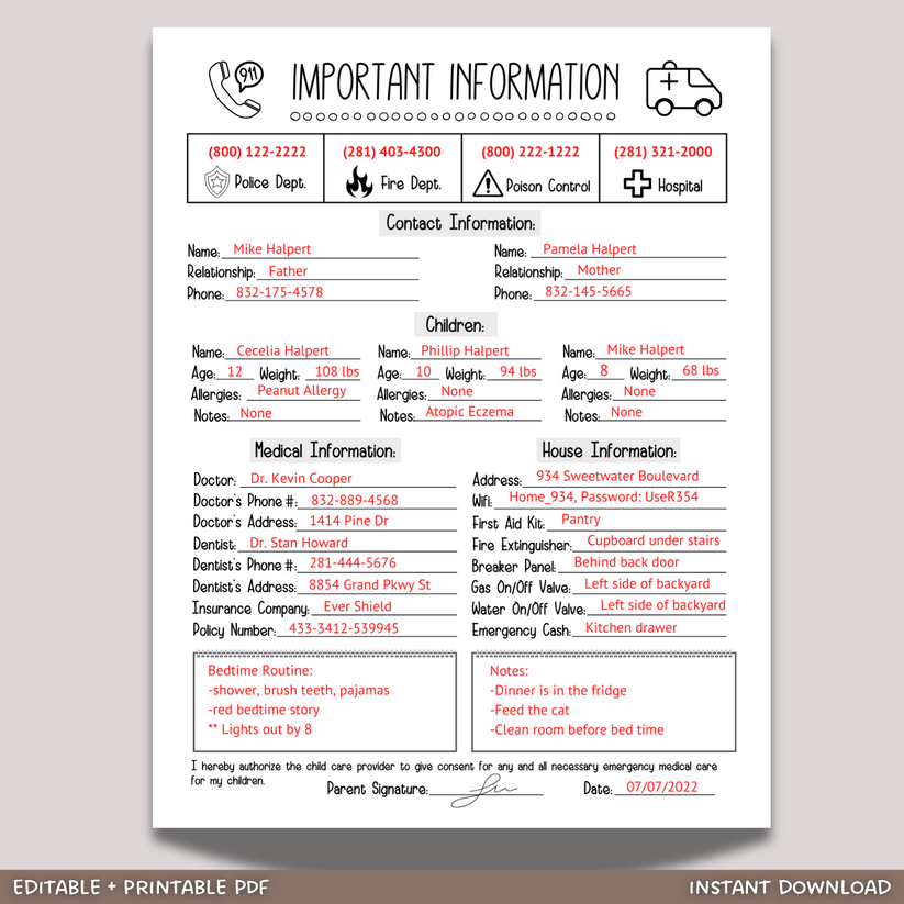 Emergency Contact Information Sheet Editable, Babysitter Info Sheet Pr ...