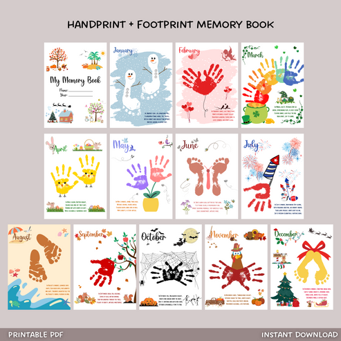 Handprint Memory Book Printable, DIY Footprint Art Kids Activity, Mont ...