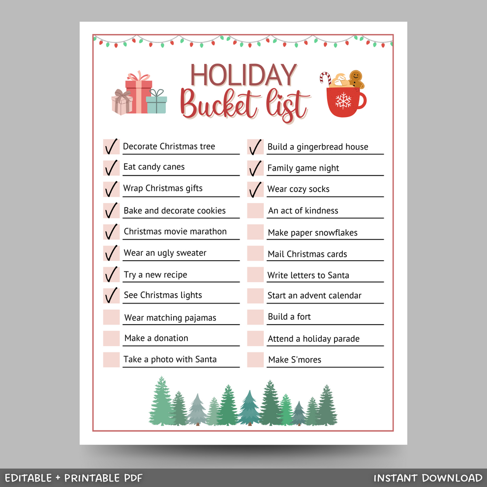 Holiday Bucket List Printable, Editable Christmas Activity Checklist ...