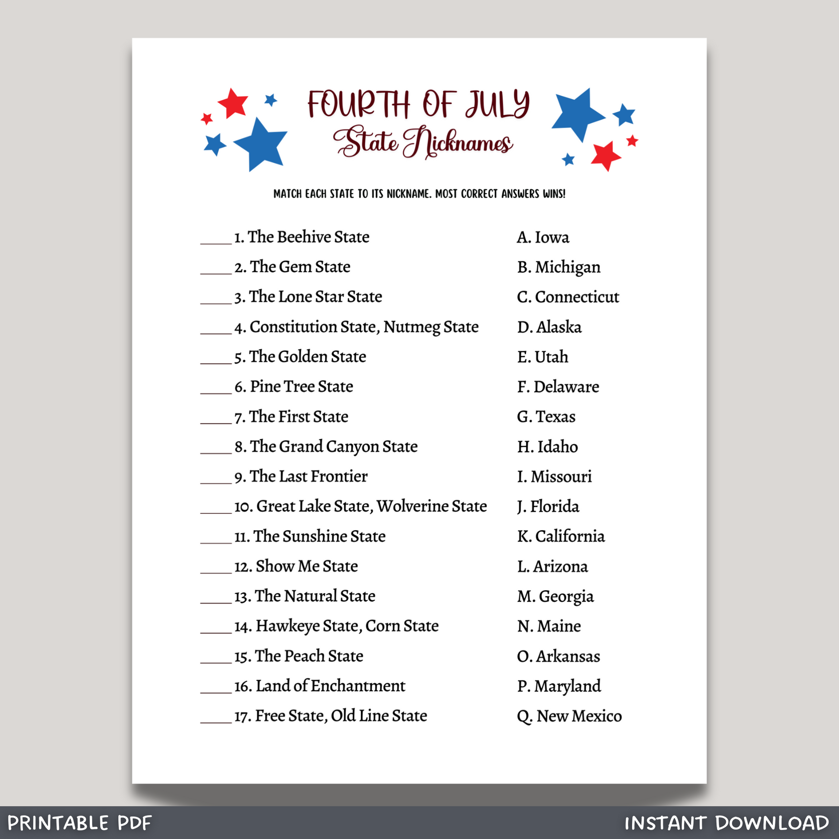 July 4th State Nicknames Game Printable, Family Trivia Activity Adults ...