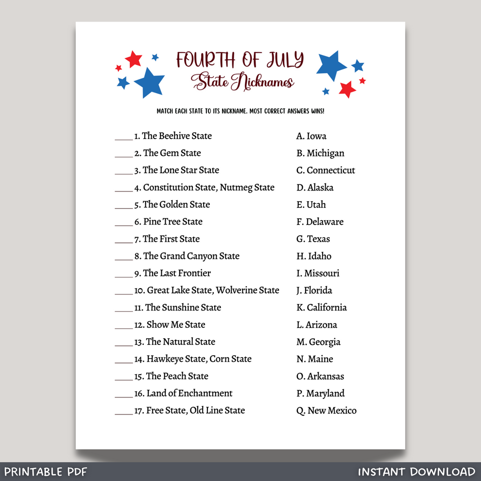 July 4th State Nicknames Game Printable, Family Trivia Activity Adults ...