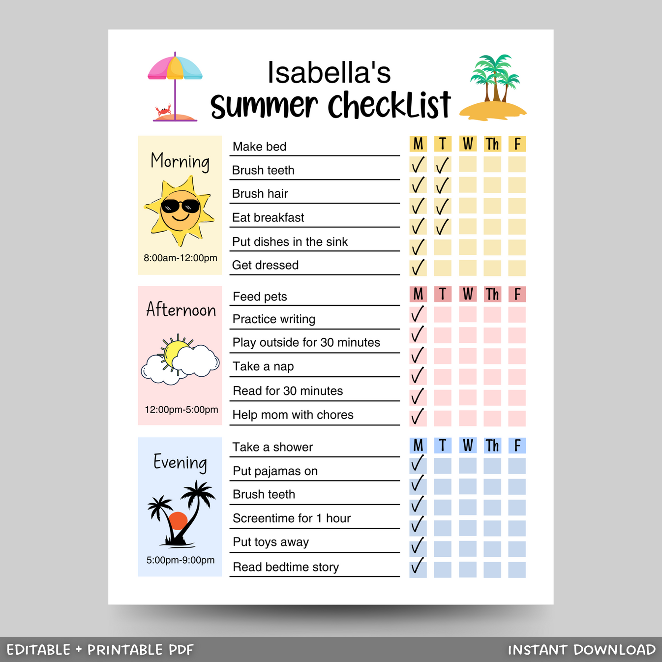 Kids Summer Daily Checklist Schedule Printable, Editable Chore Chart ...