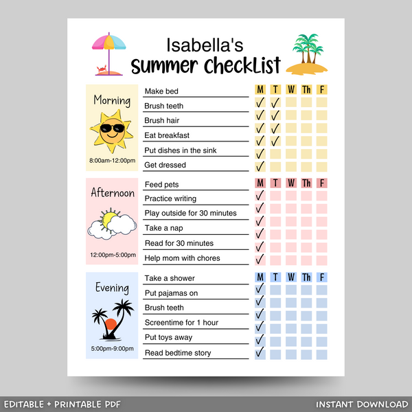 Kids Summer Daily Checklist Schedule Printable, Editable Chore Chart ...