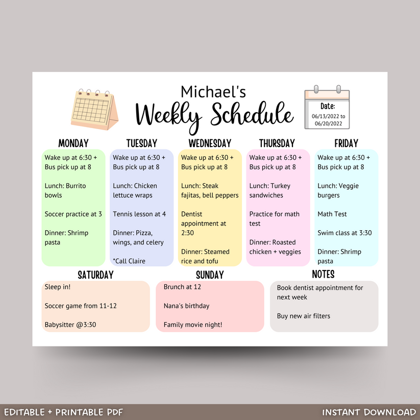 Kids Weekly Planner Printable, Editable Weekly Schedule Chart ...
