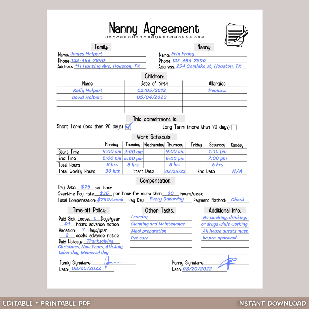 Nanny Agreement Worksheet Editable, Printable Babysitter Contract ...