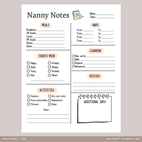 Nanny Notes Printable, Babysitter Information Sheet, Daily Nanny Log ...