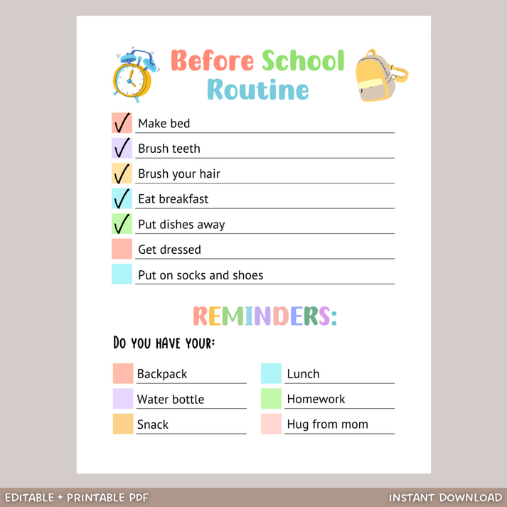 Printable Before School Checklist, Editable Morning Reminders for Kids ...