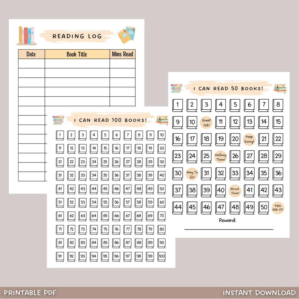 Printable Reading Chart Kids, Reading Log Tracker 50 & 100 Books ...