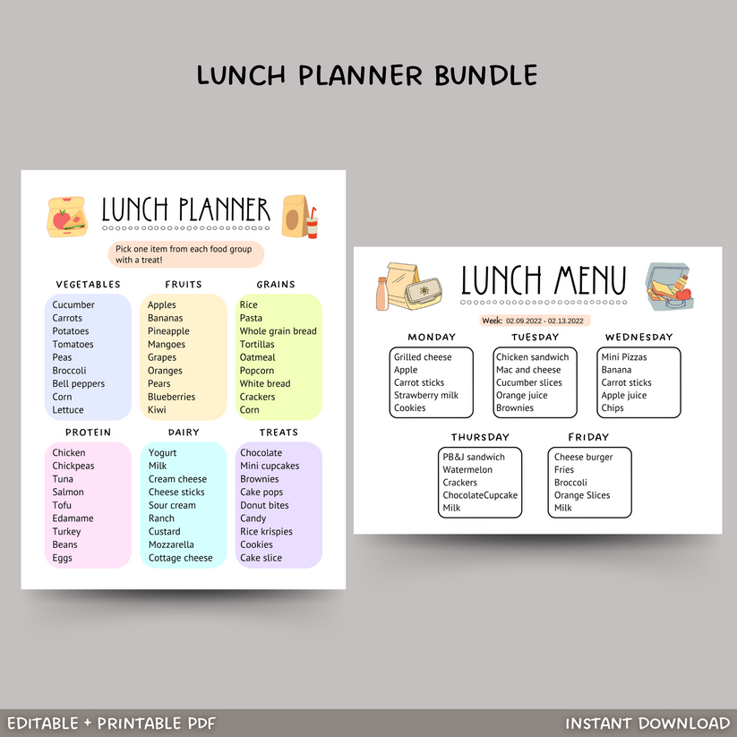 School Lunch Meal Planner Printable, Editable Lunch Menu Kids ...