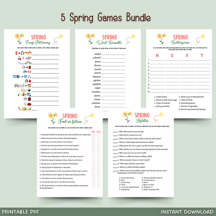 Spring Party Games Printable, Springtime Activities for Adults & Kids ...