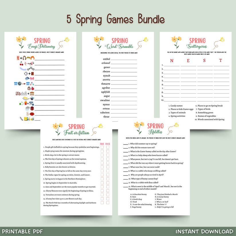 Spring Party Games Printable, Springtime Activities for Adults & Kids ...