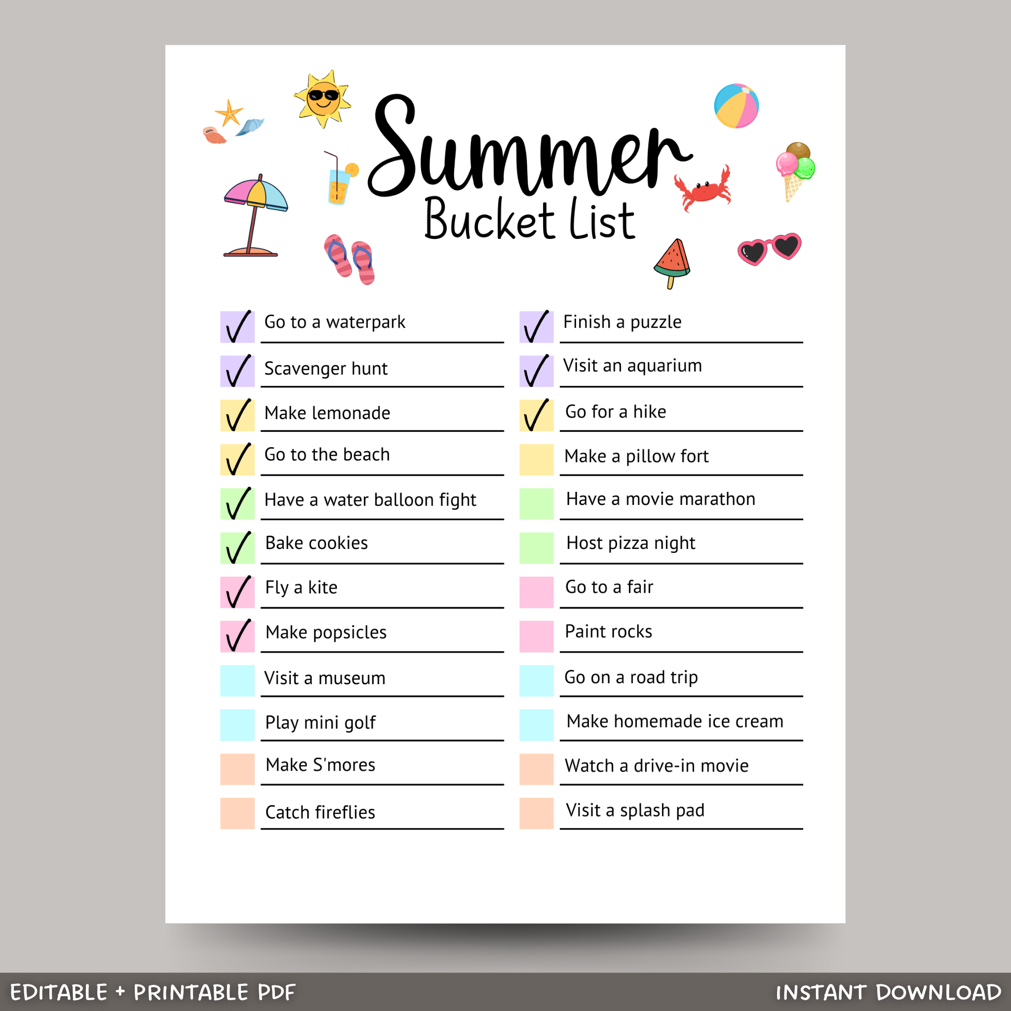 Summer Bucket List Printable, Editable Activities For Kids – Scribbled LLC