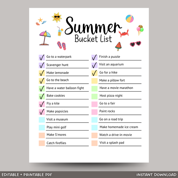 Summer Bucket List Printable, Editable Activities For Kids – Scribbled LLC