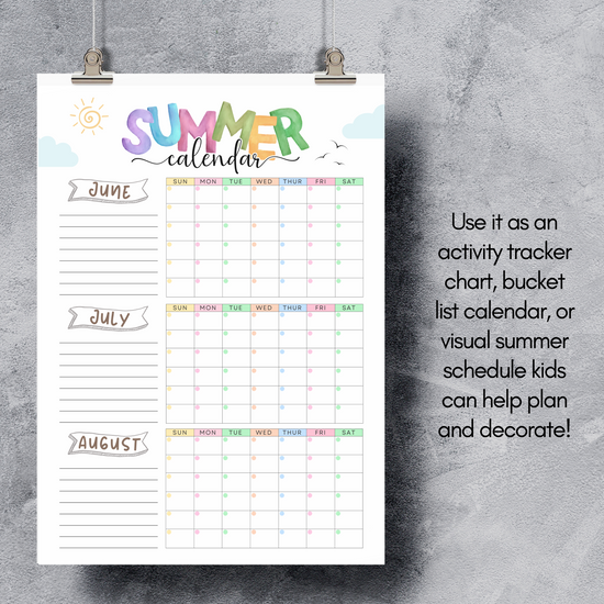 Summer Monthly Calendar Poster Printable, Family Planner Schedule ...