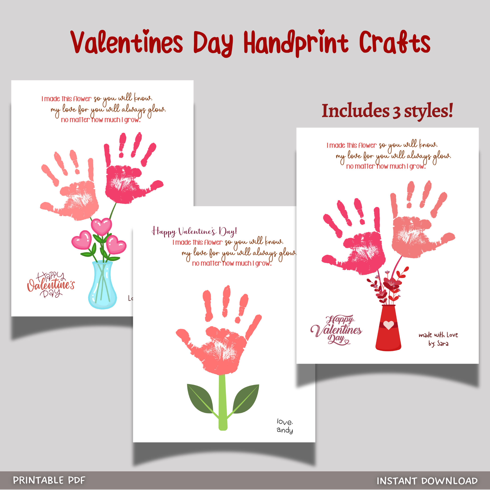 Valentine’s Day Handprint Craft Printable, Flower DIY Art Activity for ...