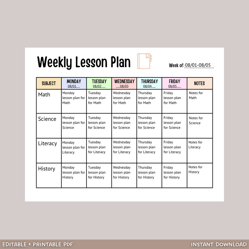 Weekly Lesson Plan Printable, Editable School Planner Schedule ...