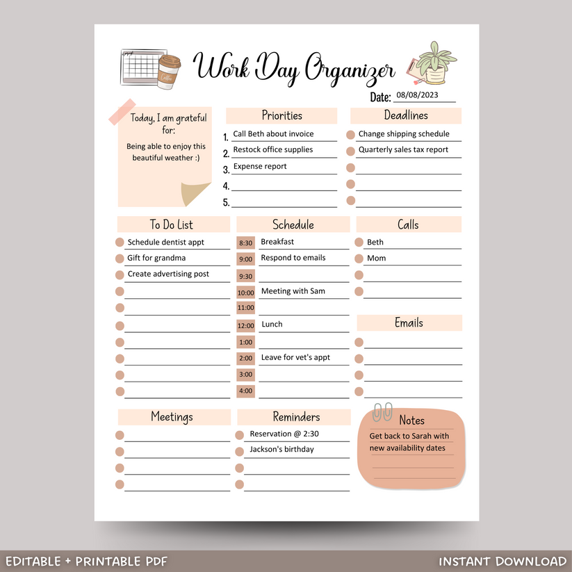 Work Day Organizer Editable Fillable, Printable Daily Digital Planner ...