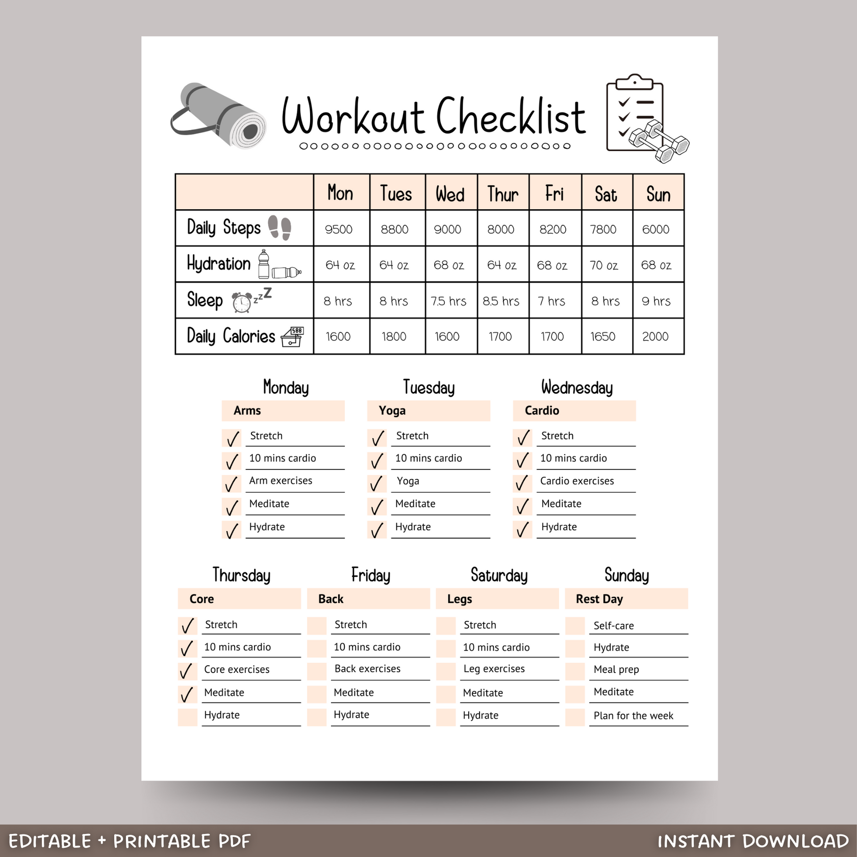 Editable Workout Checklist, Printable Daily Exercise Gym Log Planner ...