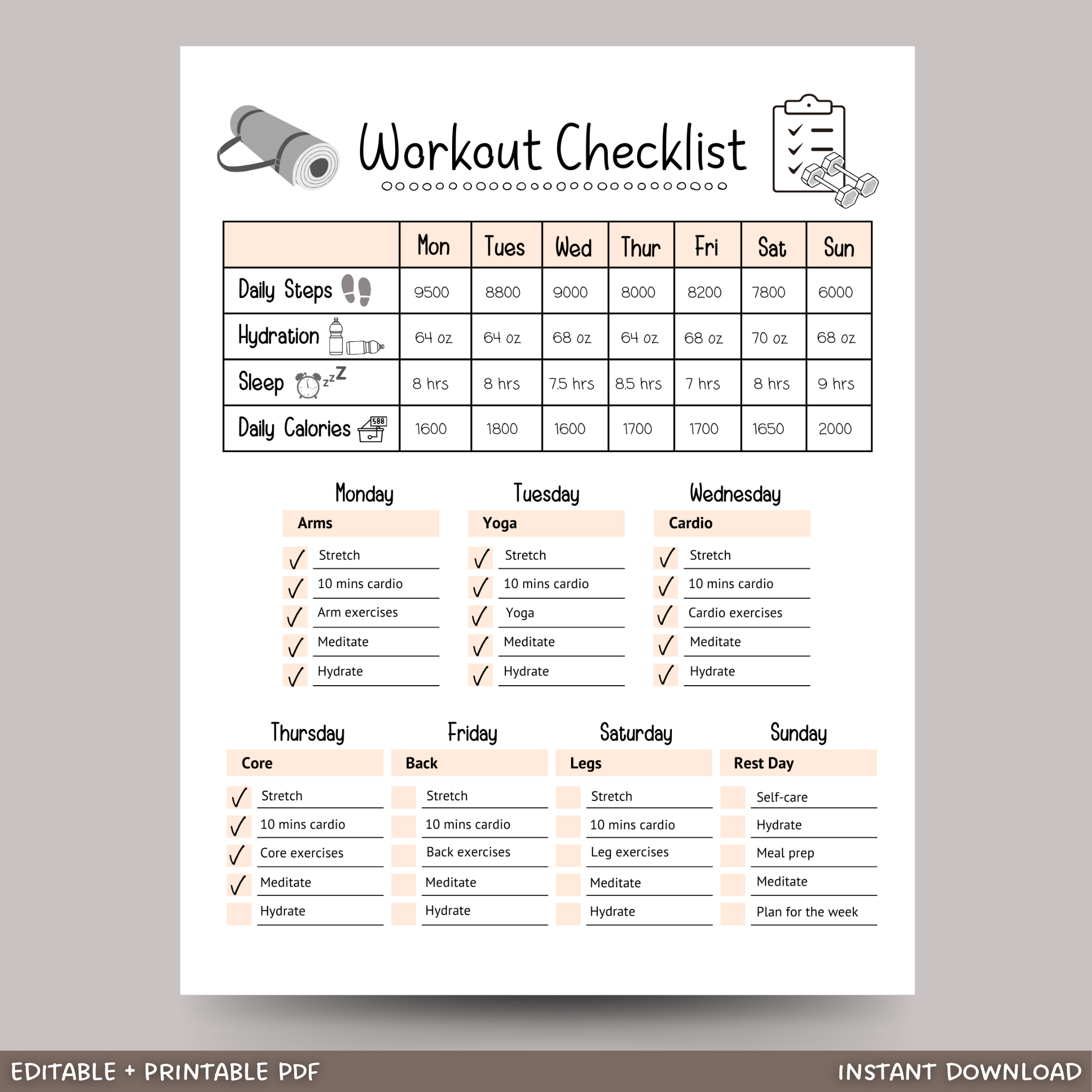 Editable Workout Checklist, Printable Daily Exercise Gym Log Planner ...