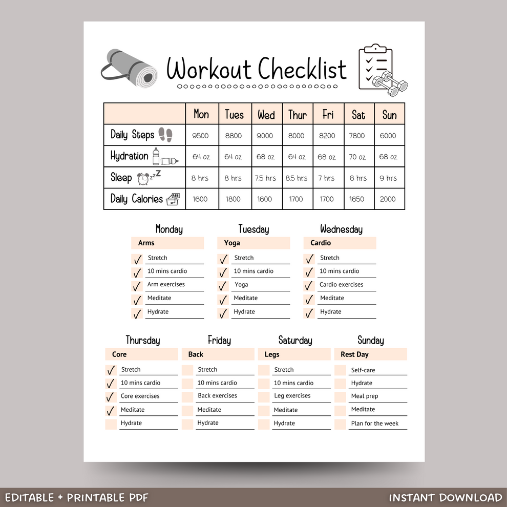 Editable Workout Checklist, Printable Daily Exercise Gym Log Planner ...