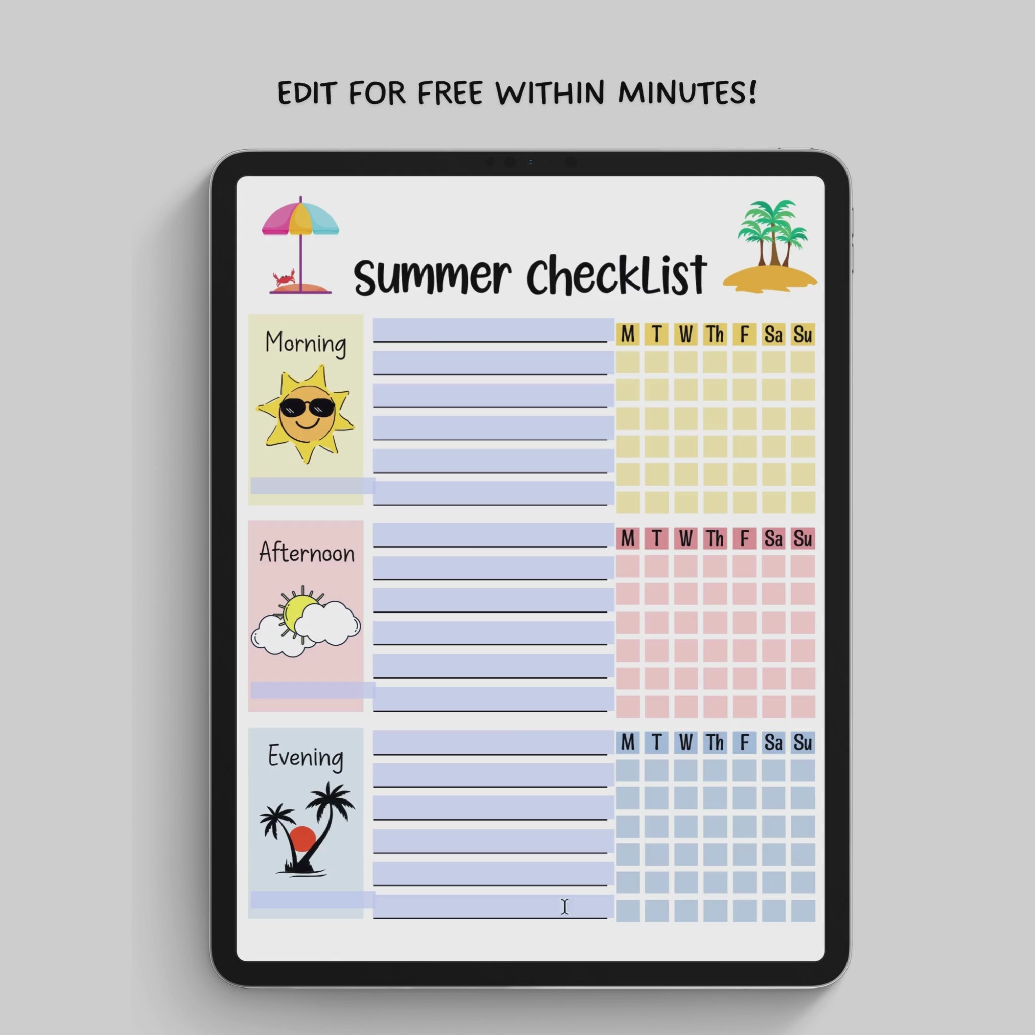 Kids Summer Daily Checklist Schedule Printable, Editable Chore Chart ...