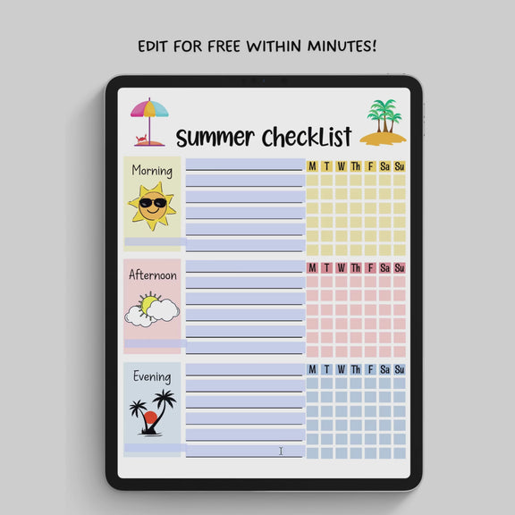 Kids Summer Daily Checklist Schedule Printable, Editable Chore Chart ...