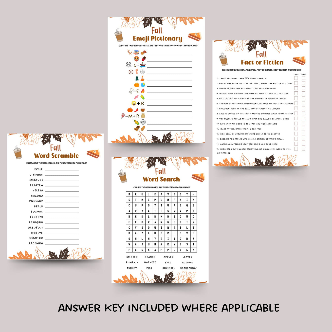 12 Printable Fall Games, Fun Autumn Thanksgiving Activity Adults & Kid ...