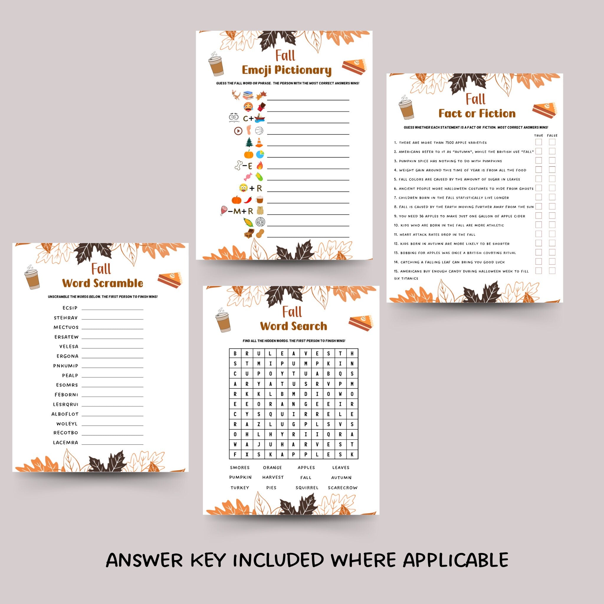 12 Printable Fall Games, Fun Autumn Thanksgiving Activity Adults & Kid ...
