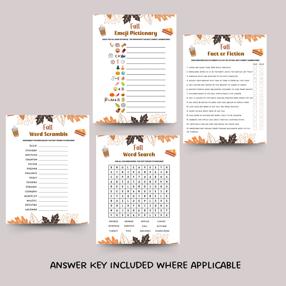 12 Printable Fall Games, Fun Autumn Thanksgiving Activity Adults & Kid ...