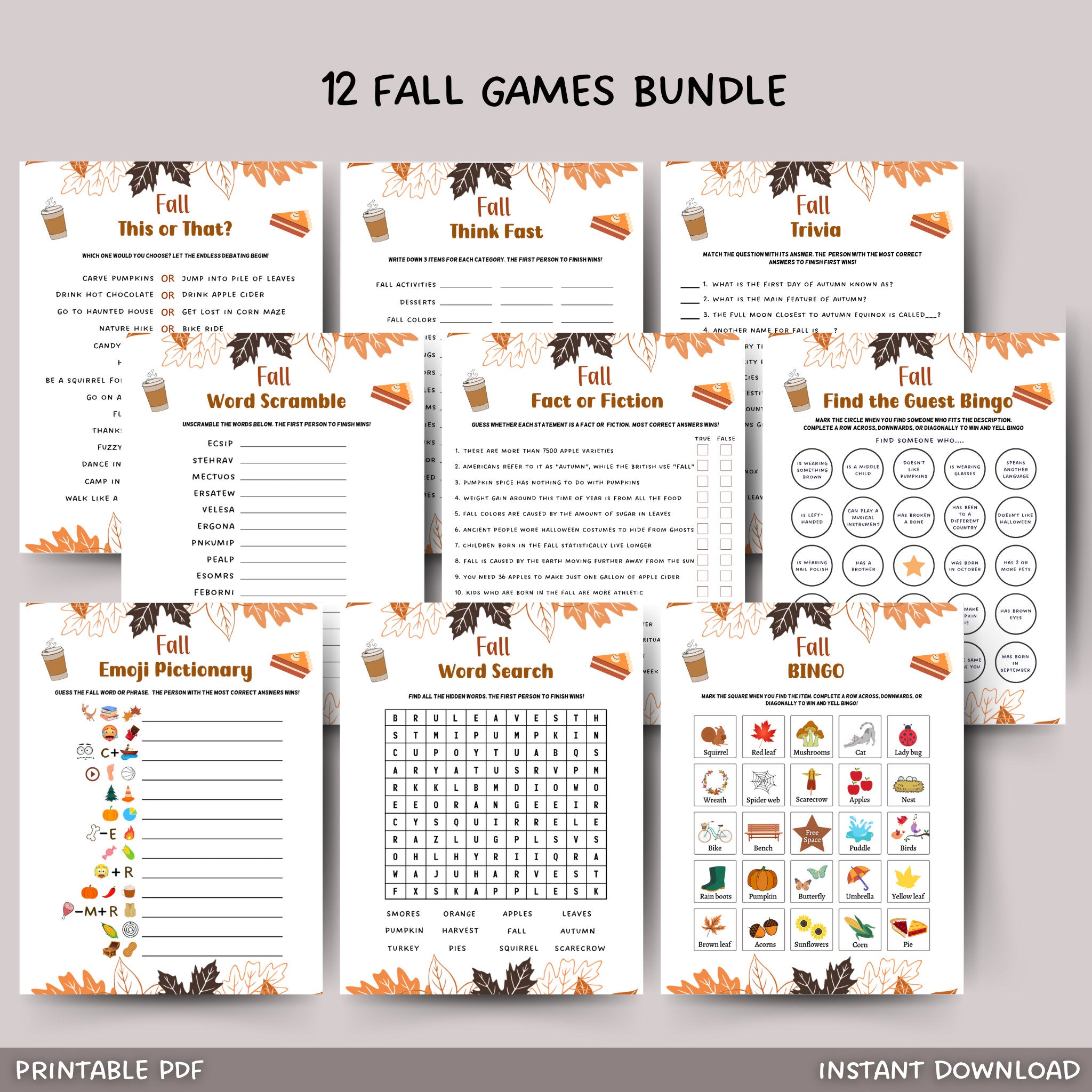12 Printable Fall Games, Fun Autumn Thanksgiving Activity Adults & Kid ...