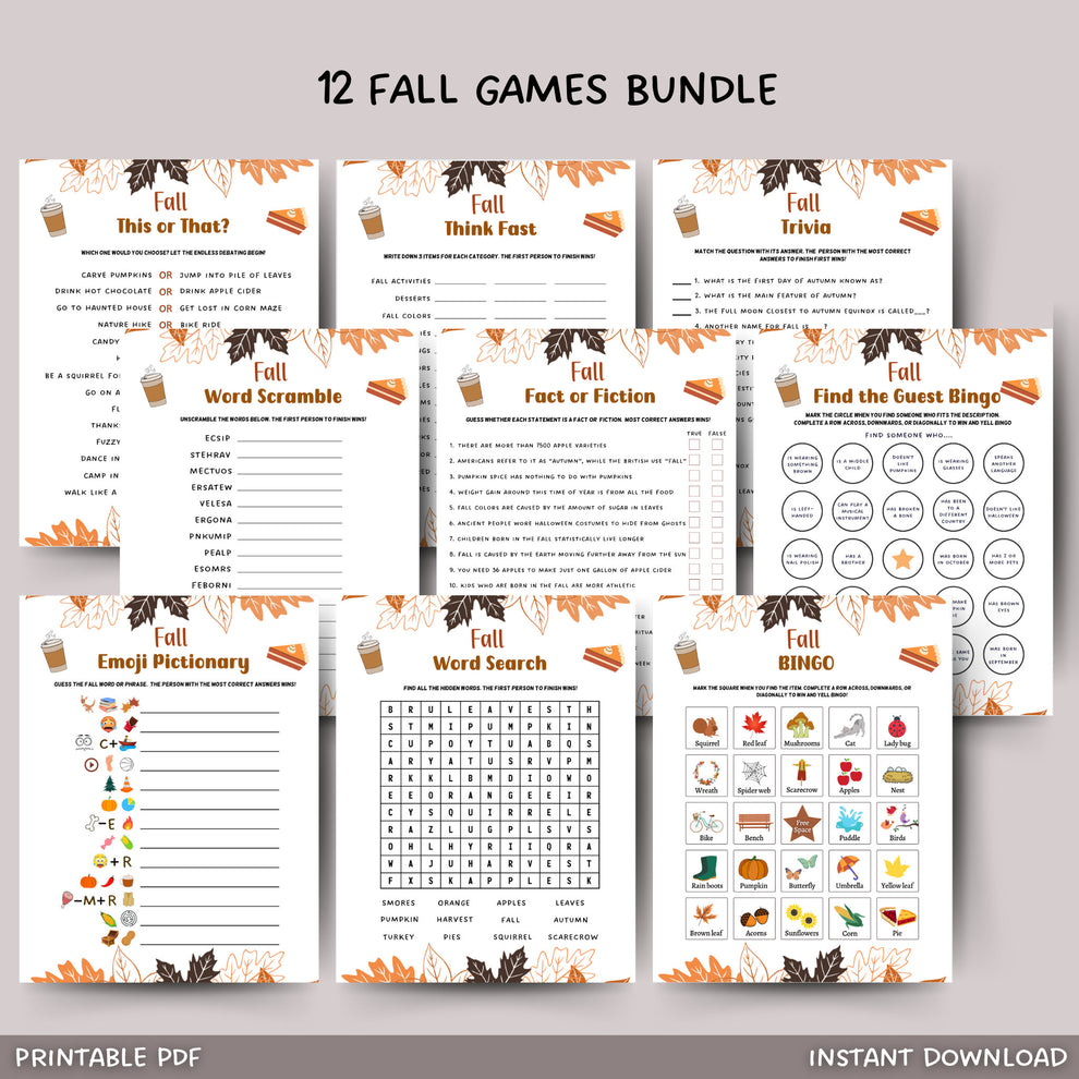 12 Printable Fall Games, Fun Autumn Thanksgiving Activity Adults & Kid ...